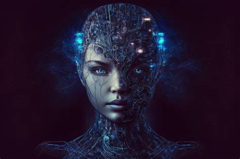 Premium Ai Image Modern Futuristic Female Humanoid Robot Portrait With Technology Details On