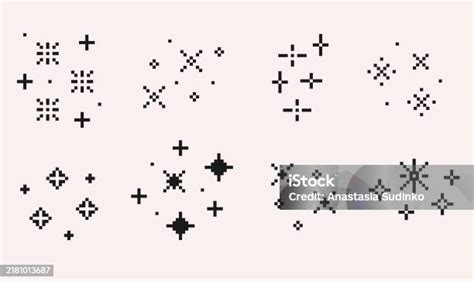 픽셀 스타 레트로 8 비트 스파클 세트 반짝이는 게임 픽셀 아트 효과 세트입니다 밝은 불꽃 놀이 장식 반짝임 반짝이는 플래시 Starburst Bush에 대한 스톡 벡터