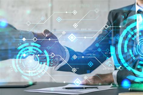 두 명의 사업가 악수와 이진 기술 홀로그램 드로잉 배경의 이중 노출 파트너십 과 계약의 개념 포멀 웨어 직업에 대한 스톡 사진 및 기타 이미지 Istock