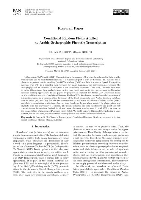 Pdf Conditional Random Fields Applied To Arabic Orthographic Phonetic