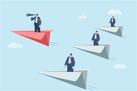 사업 개발 개념 새로운 아이디어 사업 기회는 세계관 종이 비행기에 쌍안경을 사용하는 사업가를 엽니다 연구 및 예측 개념 개념에