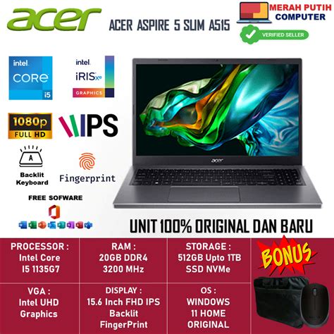 Jual Laptop Acer Aspire Slim A Intel I G Gb Tb Ssd Fhd Ips Bl Fp Win Home