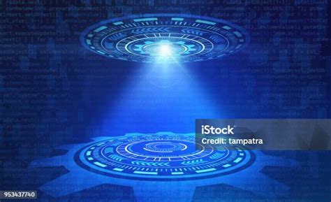 Hud 추상적인 기술 원입니다 파란색 배경 3d 그림에 빛 및 데이터 코드와 함께 그래픽 디자인 0명에 대한 스톡 사진 및 기타