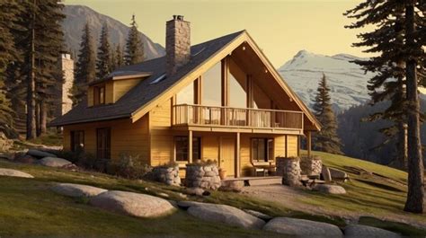 Premium Photo A Log Cabin With A House On The Side And A Mountain In