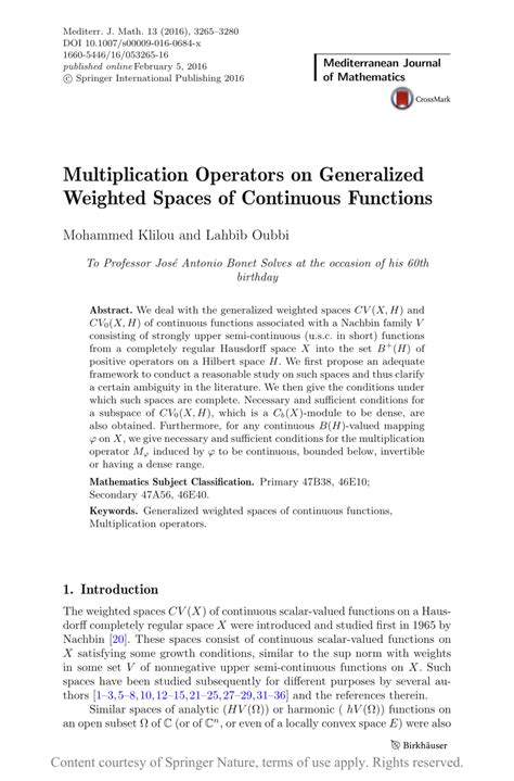Multiplication Operators On Generalized Weighted Spaces Of Continuous Functions Request Pdf