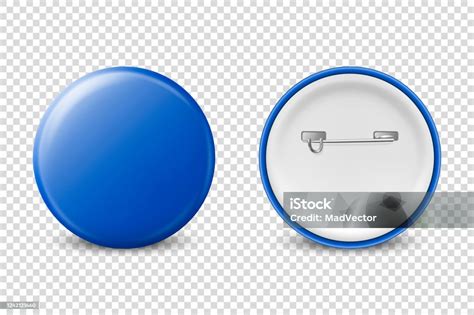 벡터 3d 현실적인 파란색 금속 투명 한 배경에 격리 된 플라스틱 빈 버튼 배지 아이콘 설정 전면 및 후면 보기입니다 브랜딩 Id 로고 프리젠 테이션을위한 템플릿 모형 0