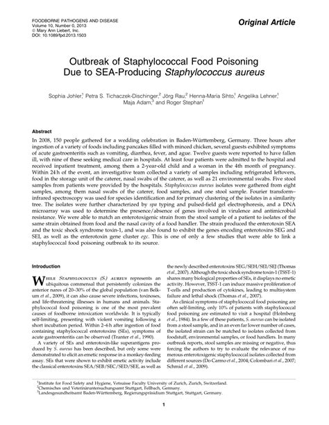 Pdf Outbreak Of Staphylococcal Food Poisoning Due To Sea Producing Staphylococcus Aureus