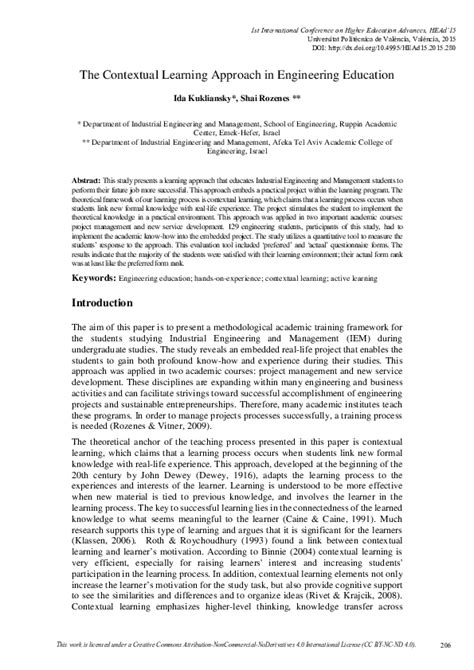 Pdf The Contextual Learning Approach In Engineering Education