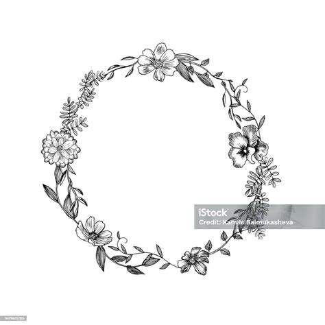 꽃 잎과 줄기의 윤곽 화환 흰색 배경에 격리된 흑백 손으로 그린 그림 귀여운 작은 우아한 꽃과 식물이 연속 고리로 연결되어 있습니다 검은색에 대한 스톡 벡터 아트 및 기타