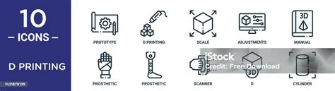 D 인쇄 개요 아이콘 세트에는 얇은 선 프로토 타입 스케일 수동 보철물 D 실린더 보고서 프리젠 테이션 다이어그램 웹 디자인을위한 보철 아이콘이 포함됩니다 건강관리와 의술에