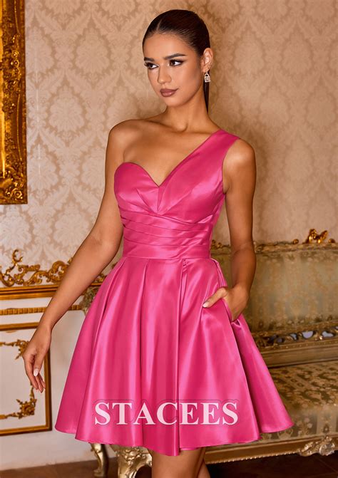 A Line One Shoulder Shortmini Satin Homecoming Dress With Pleated Pockets S8186h Homecoming