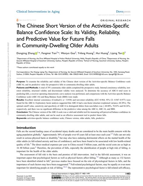 Pdf The Chinese Short Version Of The Activities Specific Balance
