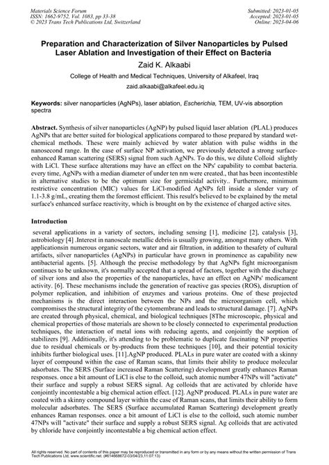 Pdf Preparation And Characterization Of Silver Nanoparticles By Pulsed Laser Ablation And