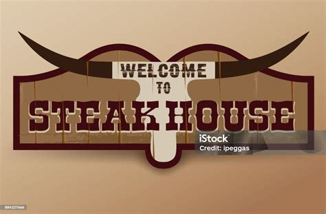 와일드 웨스트 기호입니다 레트로 나무 간판입니다 스테이크 하우스 기호 Steakhouse에 대한 스톡 벡터 아트 및 기타 이미지 Steakhouse 표지판 배경 주제
