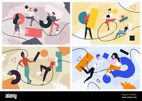 Work Of People With Geometric Shapes And Figures Set Vector Illustration Cartoon Characters