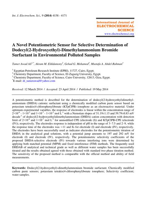 Pdf A Novel Potentiometric Sensor For Selective Determination Of Dodecyl 2 Hydroxyethyl