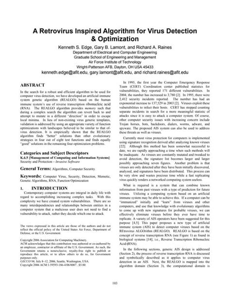 A Retrovirus Inspired Algorithm For Virus Detection And Optimization Pdf