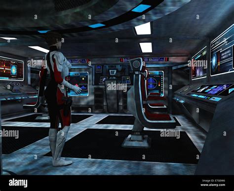Scifi Female Trooper In Command And Control Centre Stock Photo Alamy