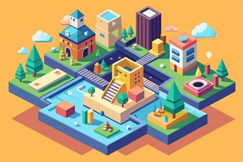A Lively Isometric View Showcasing A Unique City Layout Featuring Various Buildings Greenery And