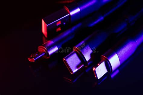 Different Usb Charging Plugs On Dark Background Usb Type C Micro Usb Usb Lightning Stock