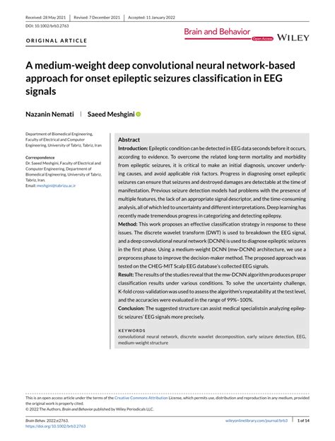 Pdf A Medium‐weight Deep Convolutional Neural Network‐based Approach For Onset Epileptic