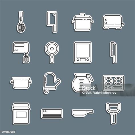 필러 가스 렌지 칼 요리 냄비 프라이팬 전기 믹서 주방 거품기 및 전자 저울 아이콘을 설정합니다 벡터 가열장치에 대한 스톡 벡터 아트 및 기타 이미지 Istock