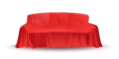 소파를 덮고 있는 빨간 천 커튼 깜짝 선물에 매달려 있는 실크 패브릭은 벡터 일러스트레이션을 공개합니다 흰색 배경에 베일 장식 아래 숨겨진 코치 신비한 프리젠 테이션 이벤트