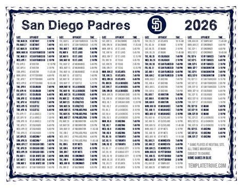 Printable 2026 San Diego Padres Schedule