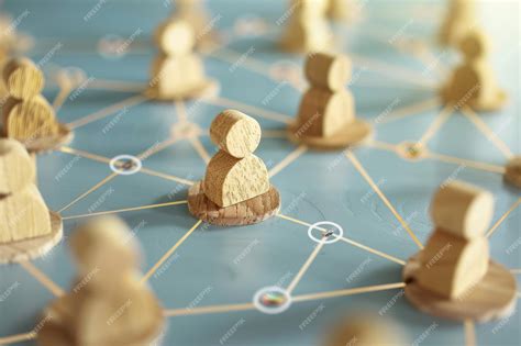 Wooden Figures Connected By Lines On A Blue Background Representing A Network Or Social