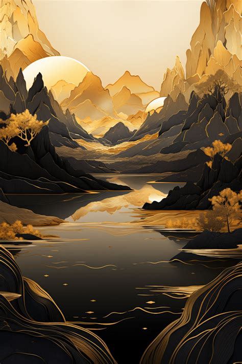 水墨画风轻奢金箔山水树木装饰插画图片