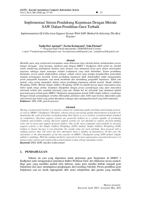 Pdf Implementasi Sistem Pendukung Keputusan Dengan Metode Saw Dalam Pemilihan Guru Terbaik