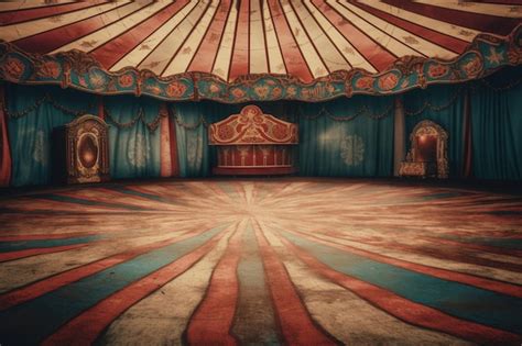 Premium Ai Image A Circus Scene With A Blue And Red Striped Tent And A Bed