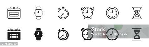 시간 및 시계 아이콘이 설정되었습니다 달력 시계 스톱워치 손목 시계 알람 시계 모래 시계 벡터 일러스트 레이 션 개념에 대한