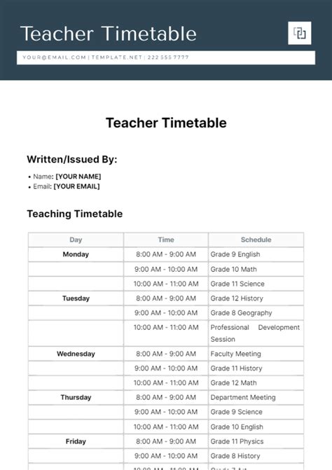 Free Teacher Timetable Template To Edit Online