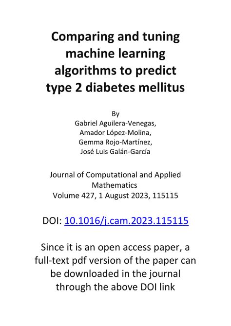 Pdf Comparing And Tuning Machine Learning Algorithms To Predict Type 2 Diabetes Mellitus
