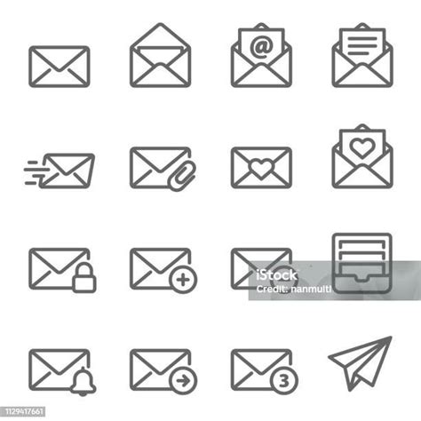 이메일 벡터 선 아이콘 세트입니다 받은 편지함 편지 첨부 파일 봉투 등으로 같은 아이콘을 포함 되어 있습니다 확장 된 선 그래픽 사용자 인터페이스에 대한 스톡 벡터 아트 및
