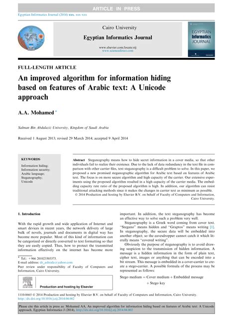 Pdf An Improved Algorithm For Information Hiding Based On Features Of Arabic Text A Unicode