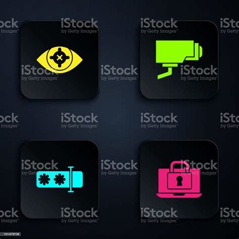 랩톱 및 잠금 장치 눈 스캔 암호 보호 및 보안 카메라를 설정합니다 검은 색 사각형 버튼 벡터 감시에 대한 스톡 벡터 아트 및 기타 이미지 Istock