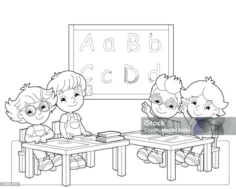 ฉากการ์ตูนกับเด็กและครูในห้องเรียนจับมือขึ้นหน้าระบายสีร่าง ภาพประกอบสต็อก ดาวน์โหลดรูปภาพ