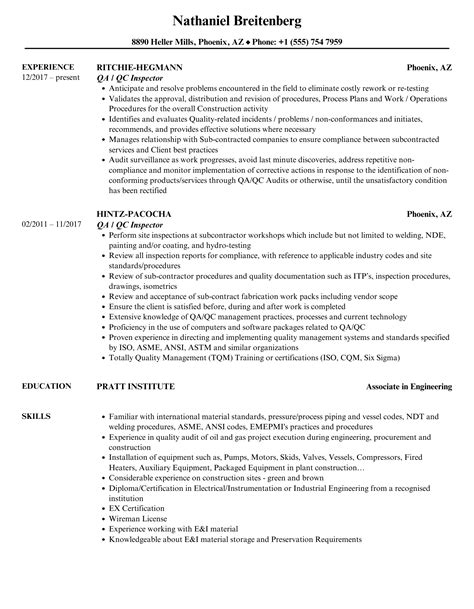 qa qc inspector resume samples velvet jobs