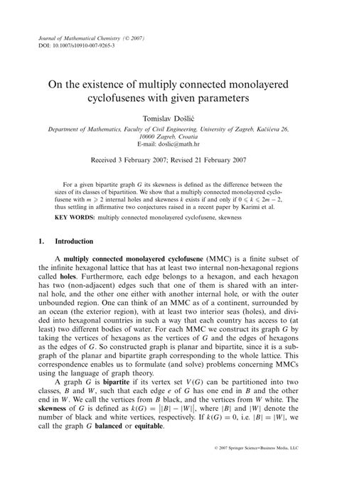 Pdf On The Existence Of Multiply Connected Monolayered Cyclofusenes With Given Parameters