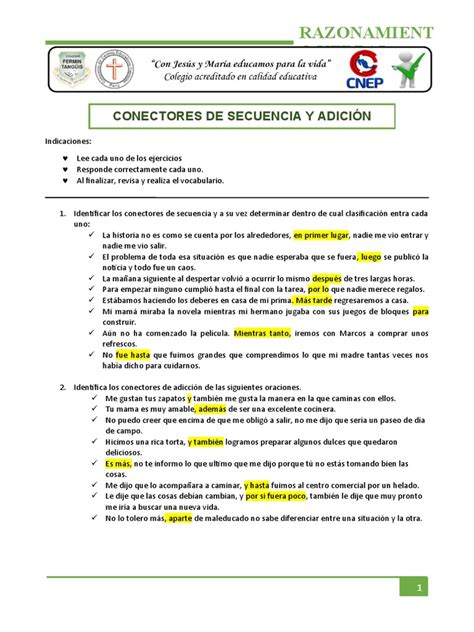 Demostrando Lo Aprendido Conectores De Adición Y Secuencia 1 Pdf
