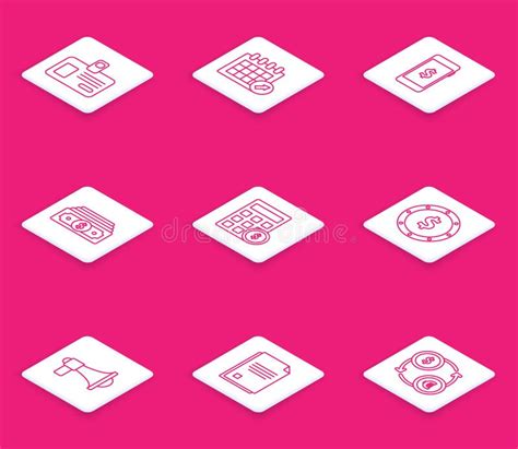 Set Line Identification Badge Calendar Smartphone With Dollar Symbol Stacks Paper Money Cash