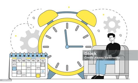 시간 관리가 잘되는 사람 노트북을 가진 젊은 남자가 거대한 시계와 달력 근처에 앉아 있습니다 효과적인 작업 프로세스의 조직 계획 및 스케줄링 선형 벡터 그림 경영자에 대한