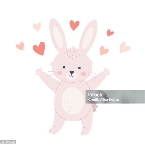 하트와 귀여운 토끼 토끼의 해 부활절 흰색 토끼 손으로 그린 벡터 일러스트레이션 4월에 대한 스톡 벡터 아트 및 기타 이미지 4월 계절 귀여운 Istock