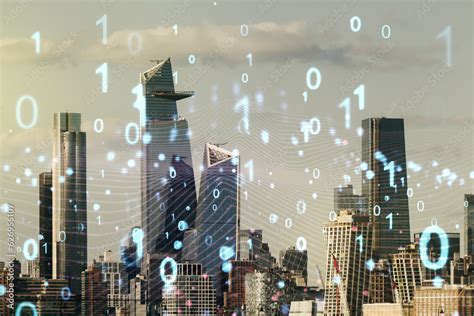 Abstract Virtual Binary Code Hologram On New York Cityscape Background