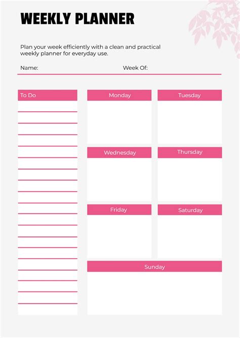 Pink Weekly Planner Template Weekly Planner In Pink Colour Vector