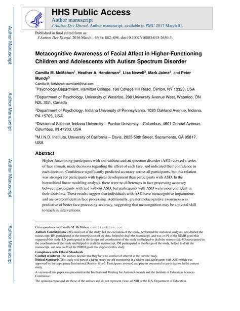 Pdf Metacognitive Awareness Of Facial Affect In Higher Functioning