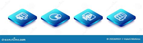 Set Isometric Line Server Security With Key Pie Chart Infographic Monitor Exclamation Mark And