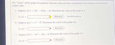 Solved The Vertex Of The Graph Of A Quadratic Function Is Chegg